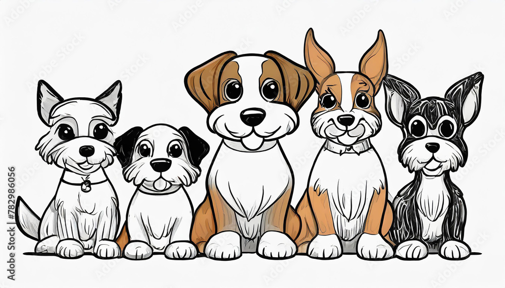 cartoon dogs sitting in a row isolated on a white background, sketch ...