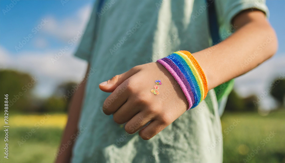 Teenage boy with wristlet with autism infinity rainbow symbol sign on ...
