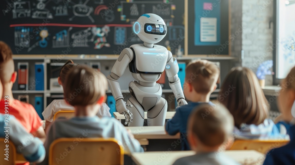 AI Content Generation. AI robot teaches curious kids in a futuristic ...