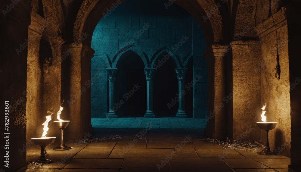 An atmospheric view of a medieval crypt passage lit by flickering ...