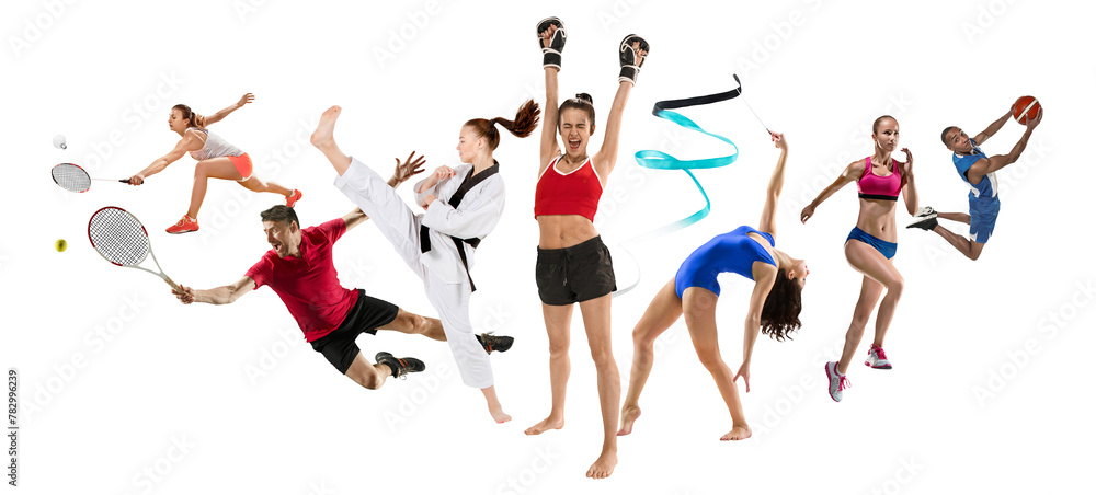 Sport collage about kickboxing, basketball, badminton, taekwondo ...