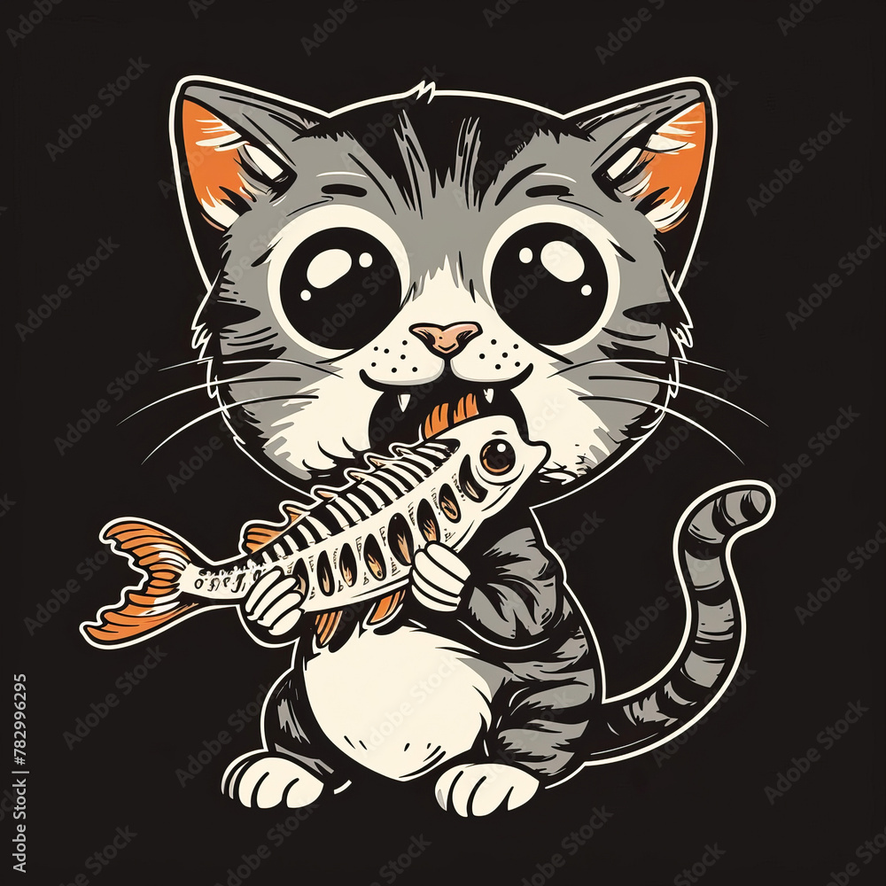 Cartoon cat with big eyes holding and licking a giant fishbone on a ...