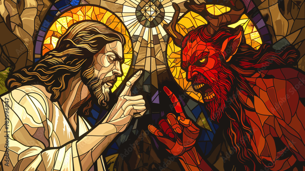 Colorful stained glass illustration of Jesus Christ vs Satan lucifer the devil Stock Vector ...