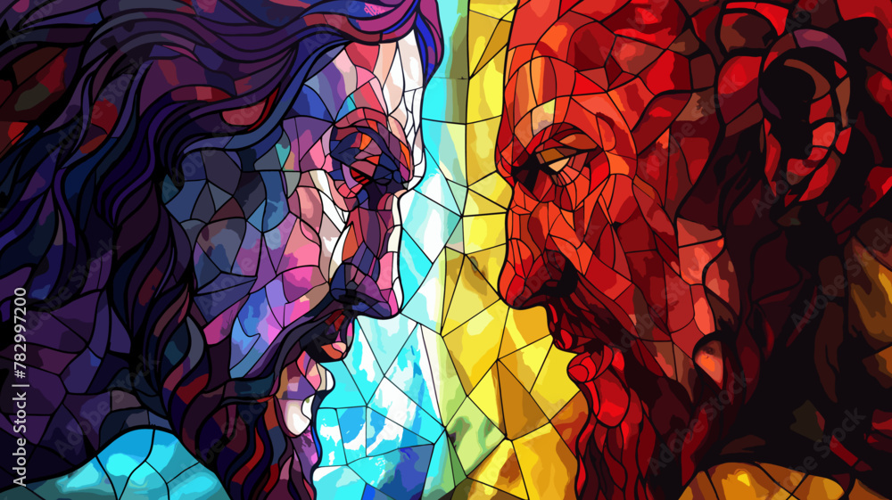 Colorful stained glass illustration of Jesus Christ vs Satan lucifer ...
