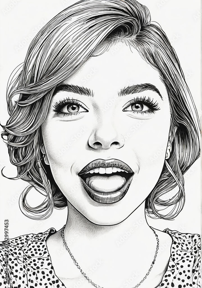 a quirky and fun pen and ink drawing of a cheeky girl with a quirky ...