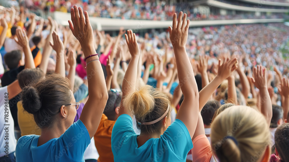 A crowd of people are in a stadium, all of them raising their hands in ...