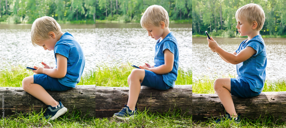 Child boy sits slouching hunched back bent,neck and straight,looks ...