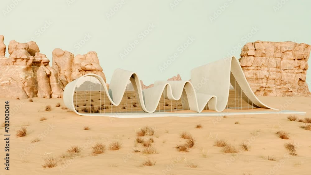 Desert modern architecture with flowing lines amidst rocky terrain. 3D ...