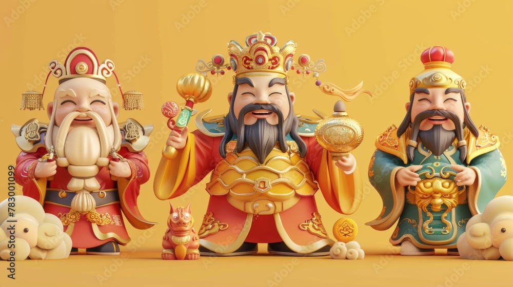 The god of wealth Caishen is shown in different poses and holding ...