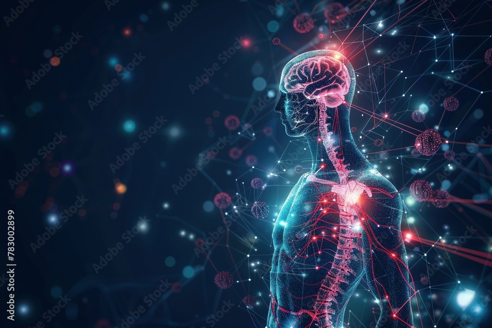 An illustration of the human nervous system in profile, with red ...
