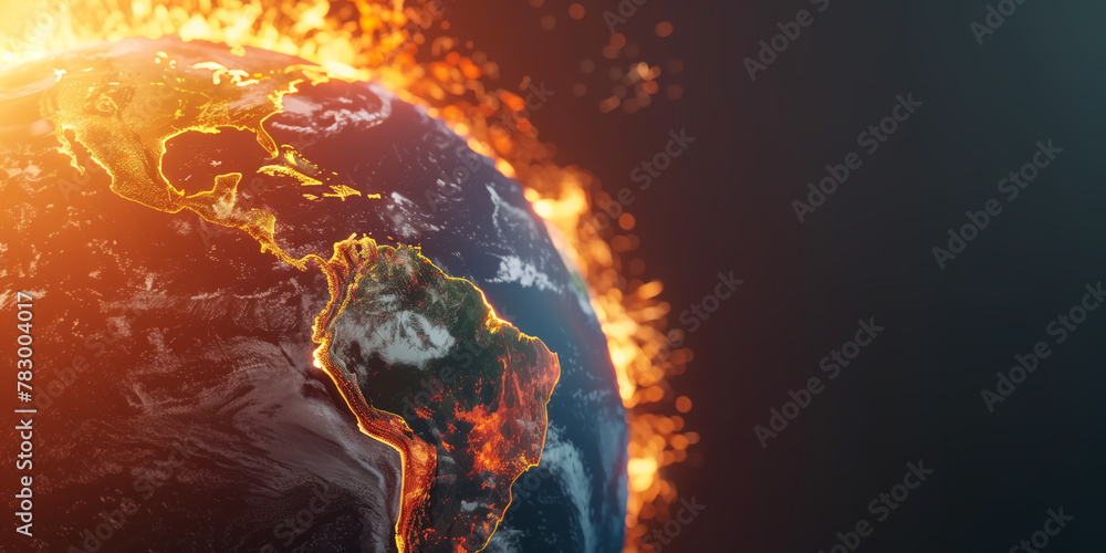 Earth globe burning into flames, America destroyed by fire, conceptual ...