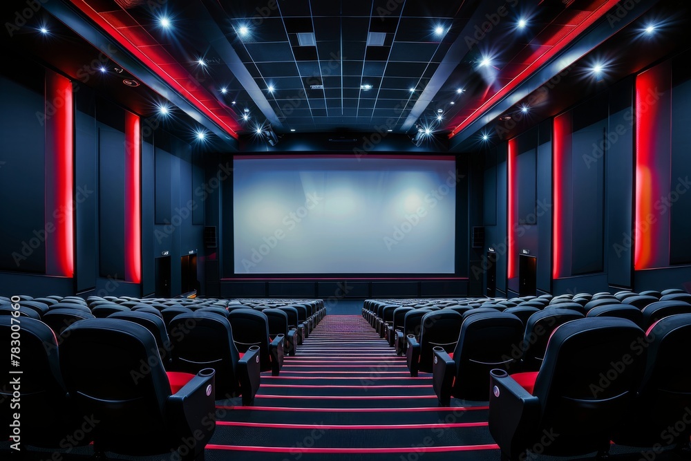 An empty modern cinema hall with red seats and a large screening area ...