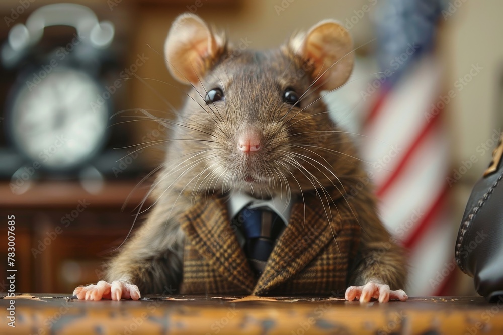 Humorously captured, this image shows a rat in a suit and tie ...