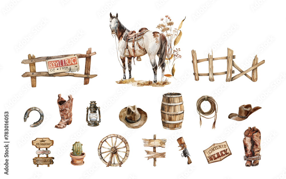 Watercolor wild west set. Western farm composition with horse, dried ...