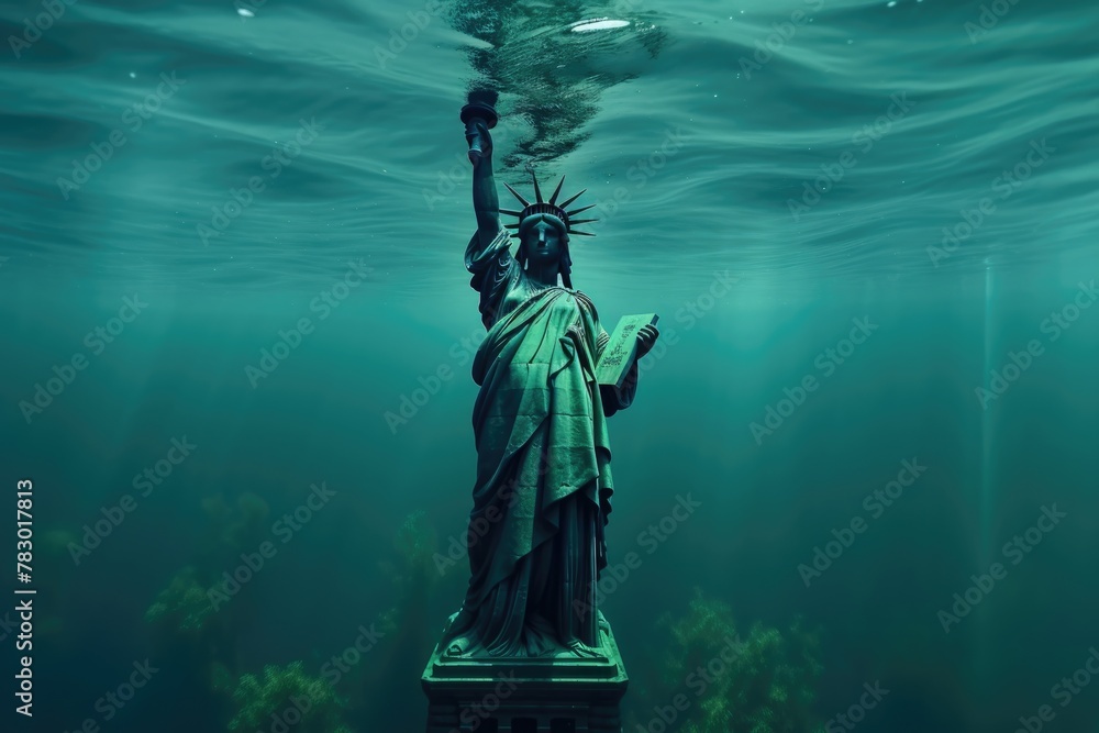 An evocative portrayal of the Statue of Liberty submerged underwater ...