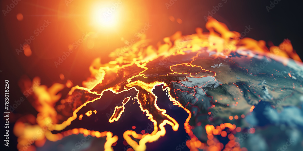 Earth globe under the extreme heat of the sun, Europe burning into ...