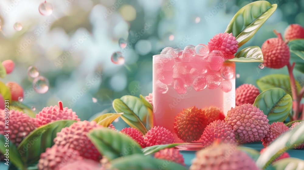 This is a template for a lychee black tea advertisement made in 3D ...