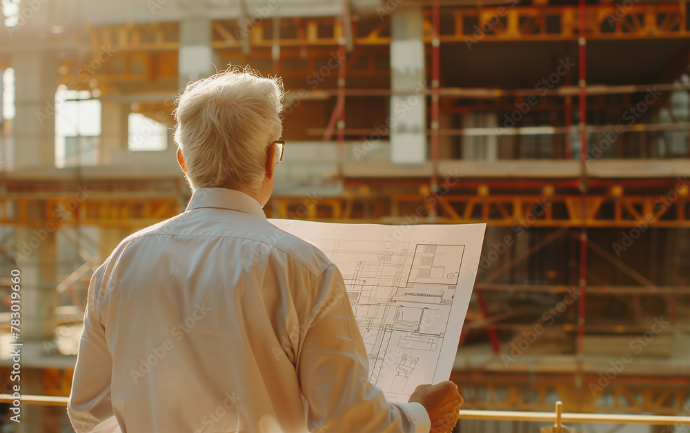 Construction expert analyzing building blueprints, viewed from behind ...