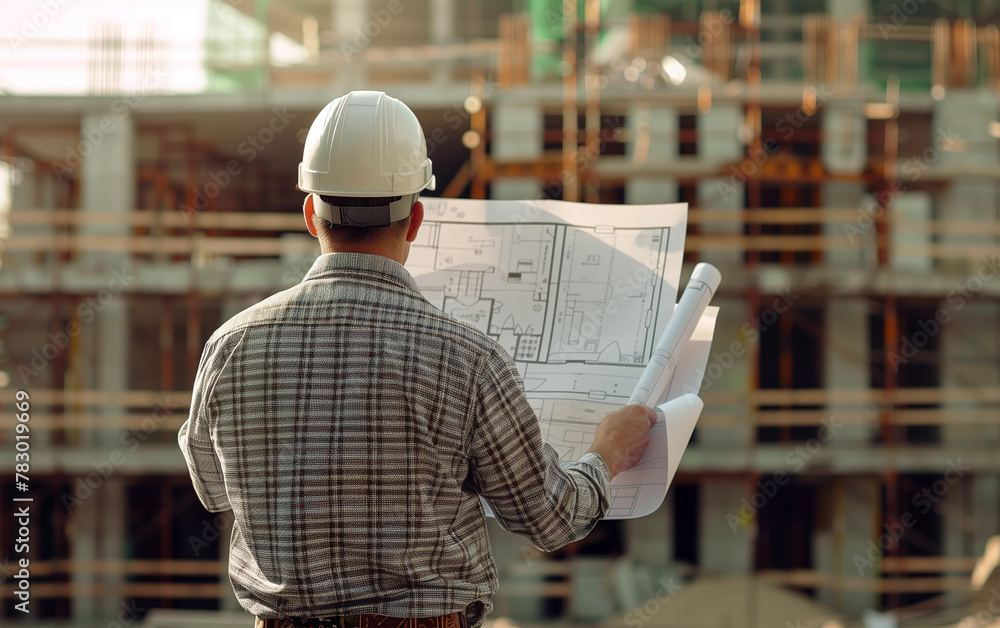 Construction expert analyzing building blueprints, viewed from behind ...