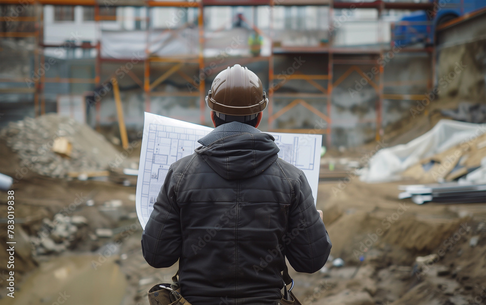 Construction expert analyzing building blueprints, viewed from behind ...