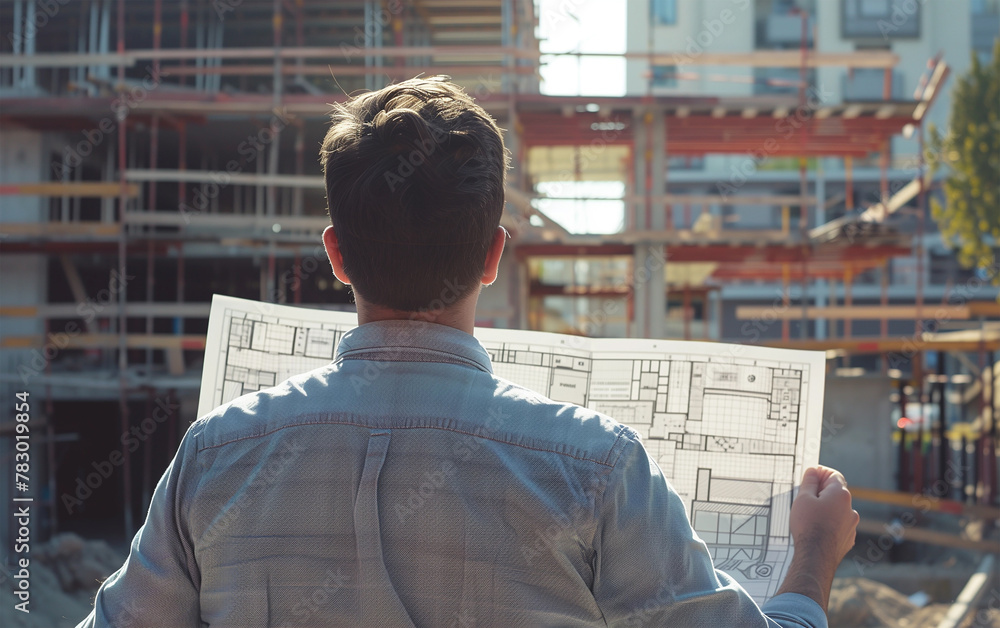 Construction expert analyzing building blueprints, viewed from behind ...