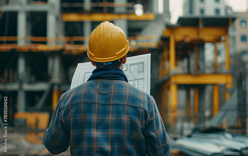 Construction expert analyzing building blueprints, viewed from behind ...