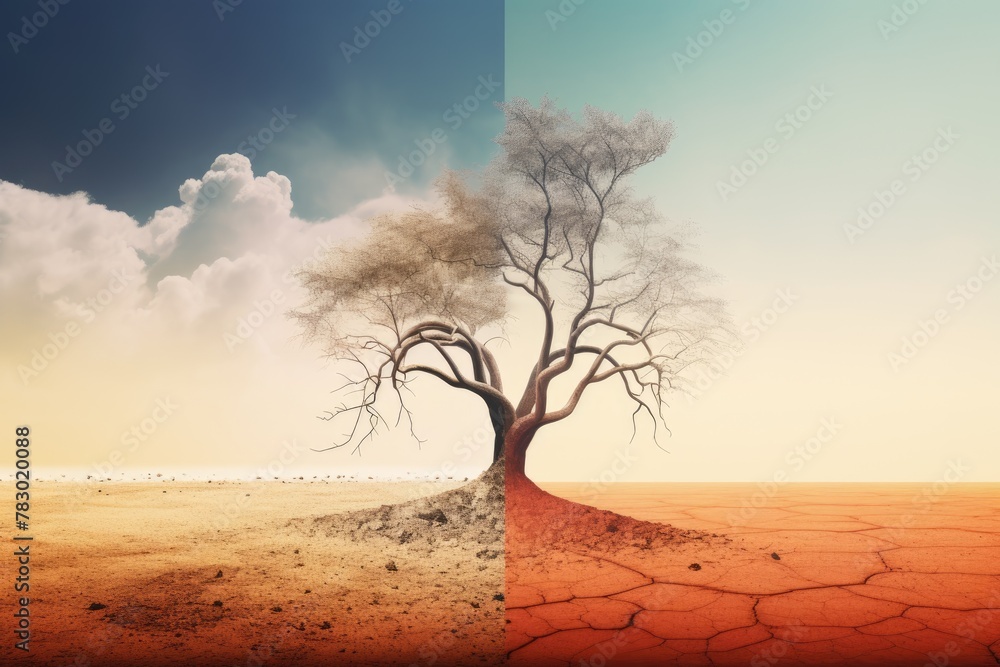 A stark contrast of a live and dead tree, symbolizing climate change ...