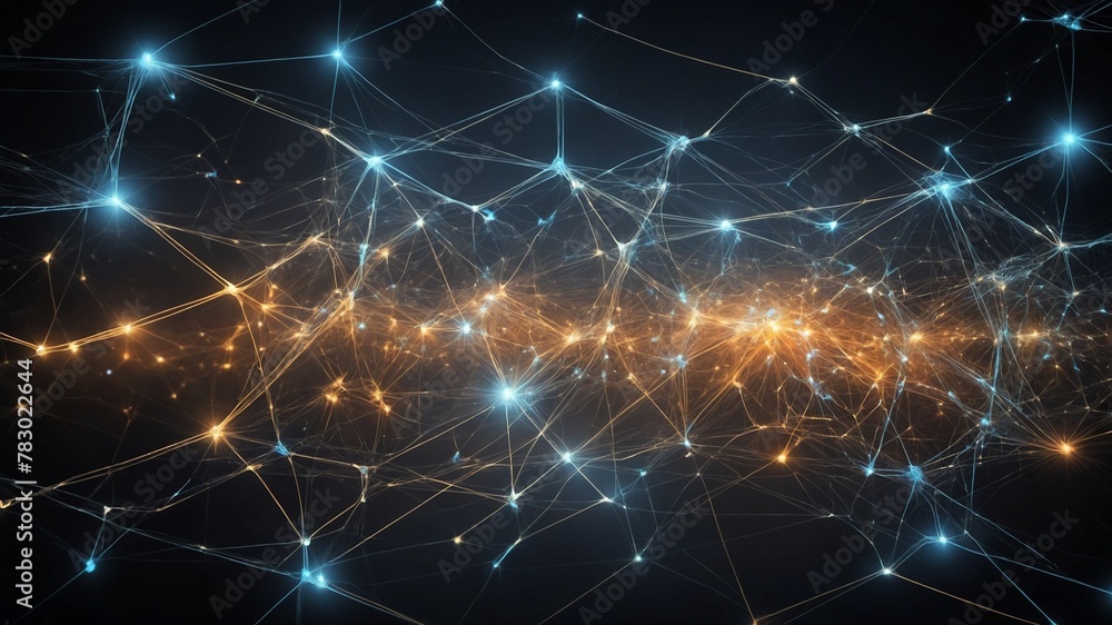 Complex network of illuminated nodes, connecting lines fills space, creating visual ...