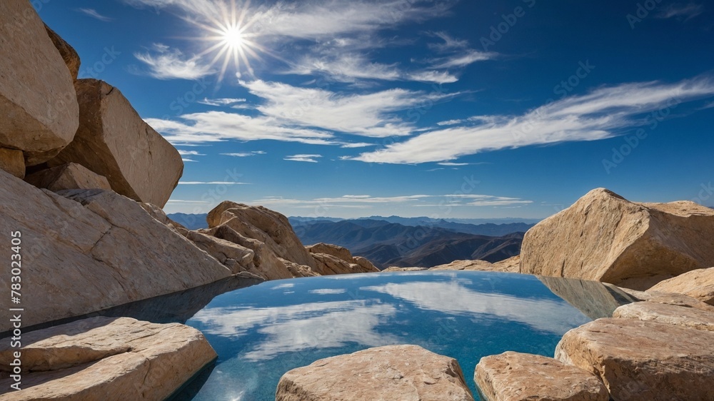 Serene pool of water, nestled among rugged, sunlit rocks, reflects ...