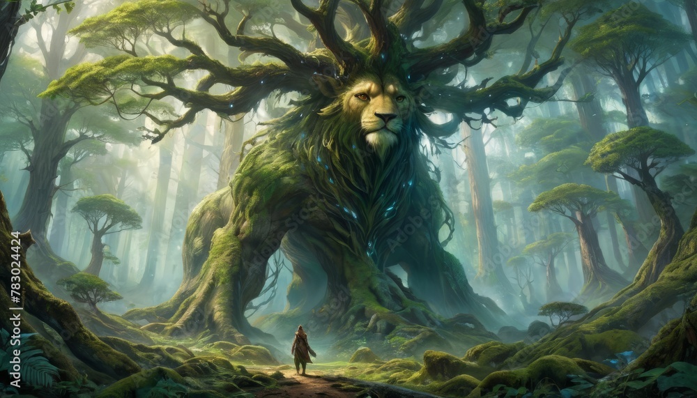 An ancient, tree-like guardian lion stands tall in a lush, misty forest ...