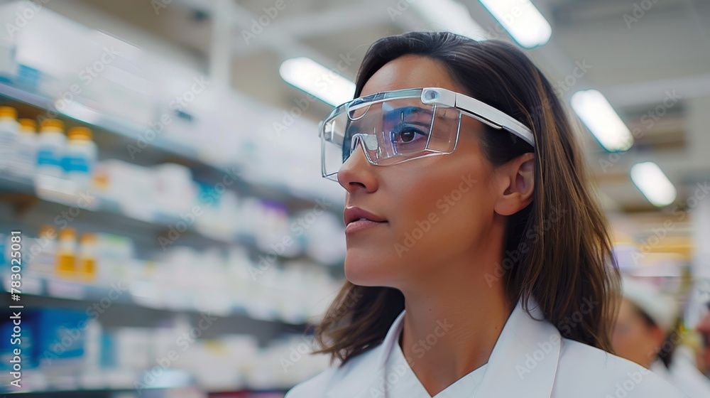 Pharmacy staff wearing smart glasses for inventory management and drug ...