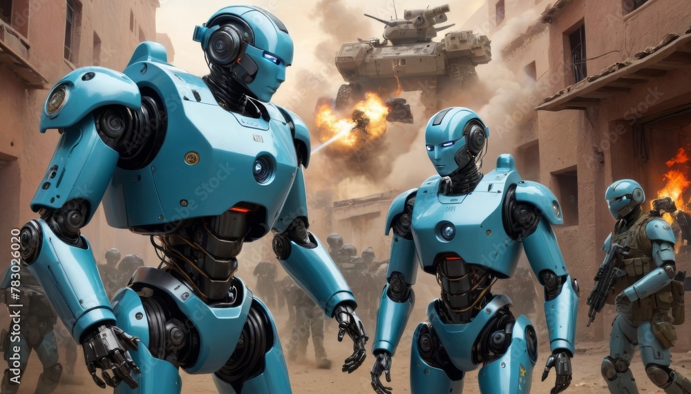 Autonomous combat robots with a sleek blue design, advancing through an urban warzone with tanks ...