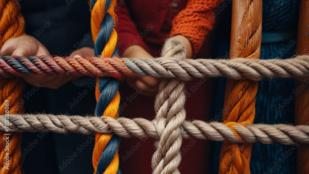 A close-up of thick, weathered ropes used on a boat These ropes are ...