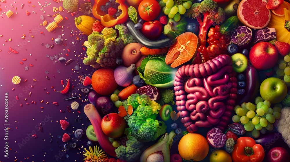 A vibrant depiction of the human digestive system, with an external ...