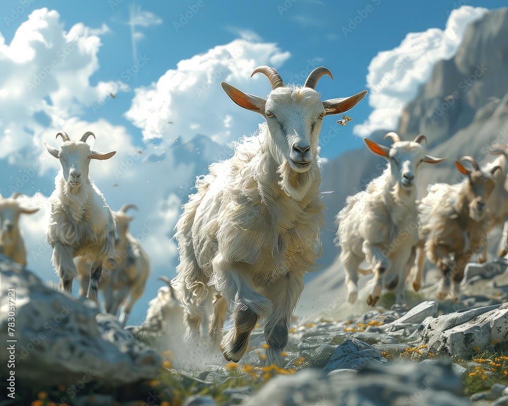 Charges through a rugged, mountainous landscape under a cloudy sky, a ...