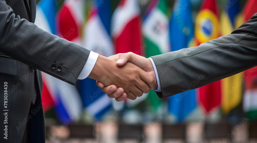 Two business men shaking hands with flags of different countries in the ...