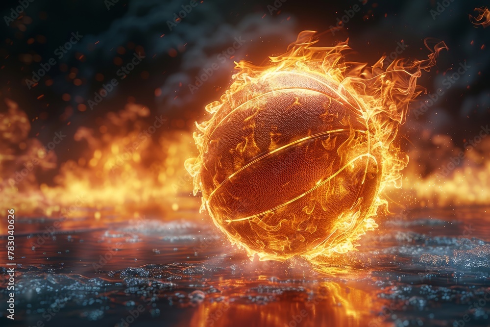 Captivating scene of a basketball caught in a fiery explosion, set ...