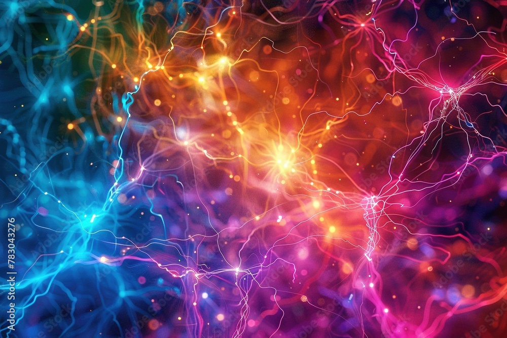 Psychedelic visualization of neural networks in the brain. Vivid colors represent distinct ...