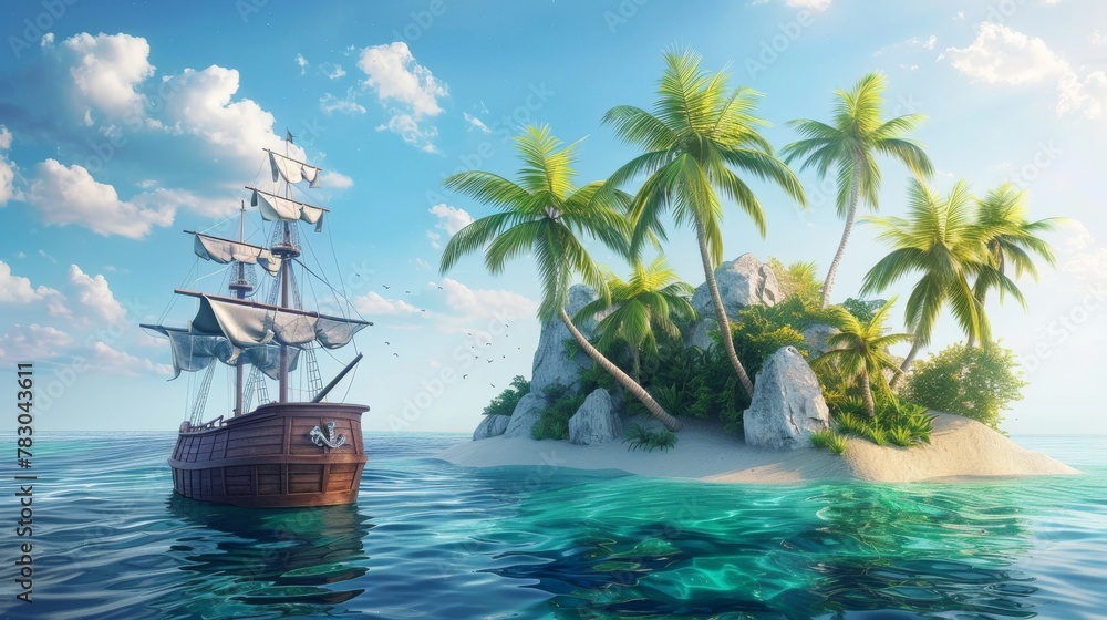 Digital art of a pirate ship near a tropical island with palm trees and ...
