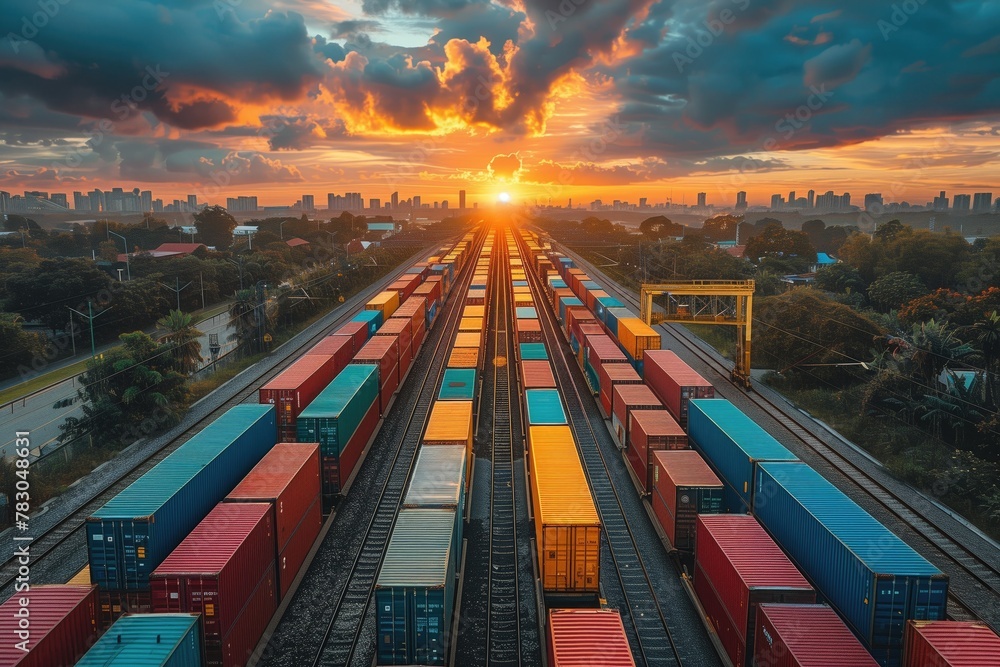A scenic shot of cargo containers being loaded onto trains or trucks at ...