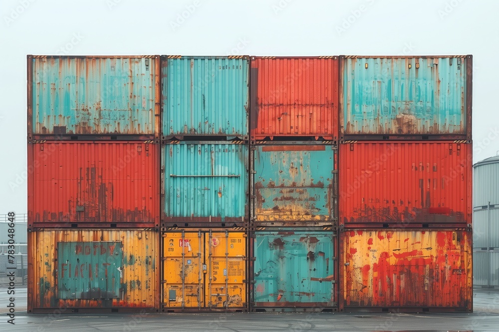 A stack of cargo containers towering against an industrial backdrop ...