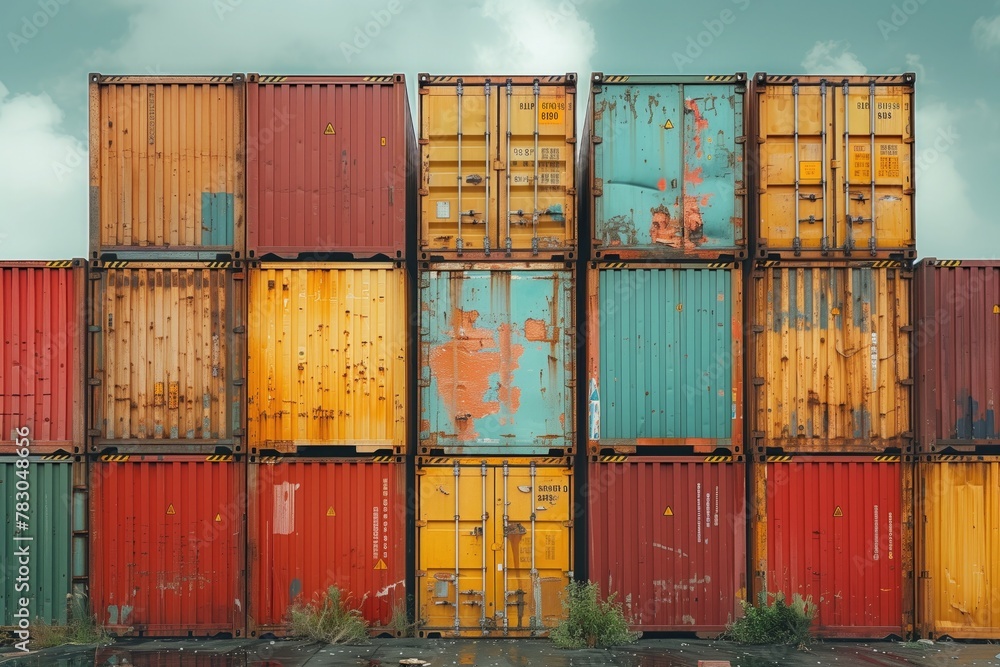 A stack of cargo containers towering against an industrial backdrop ...
