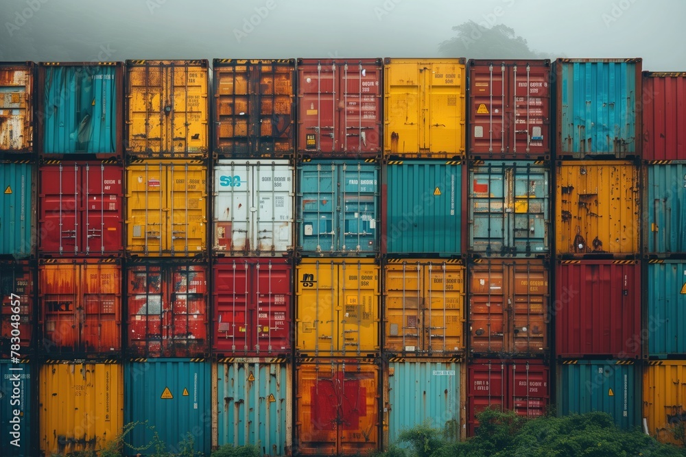 A stack of cargo containers towering against an industrial backdrop ...
