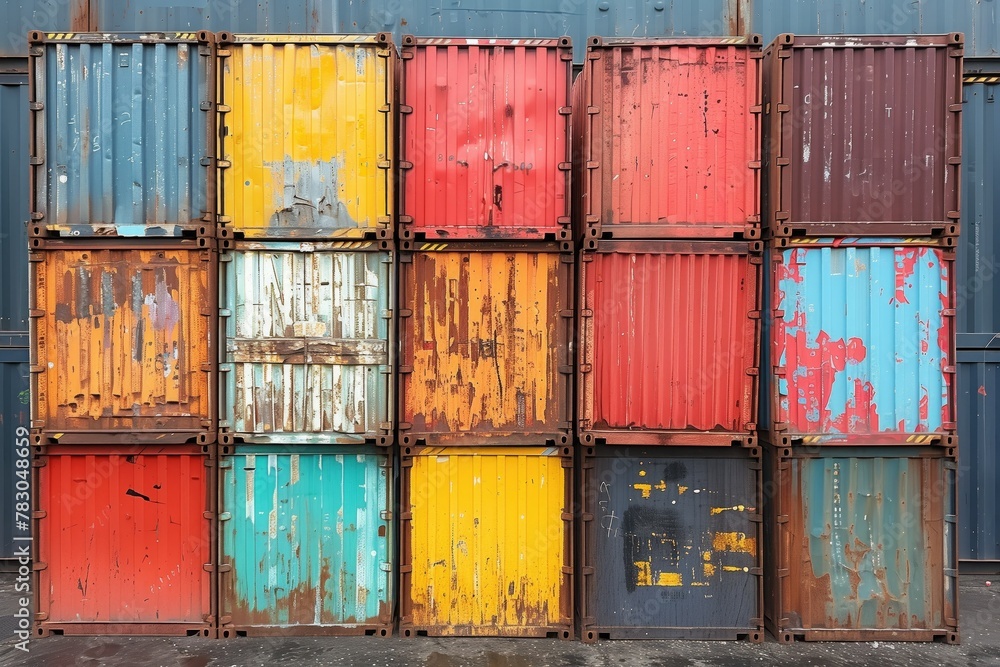 A stack of cargo containers towering against an industrial backdrop ...
