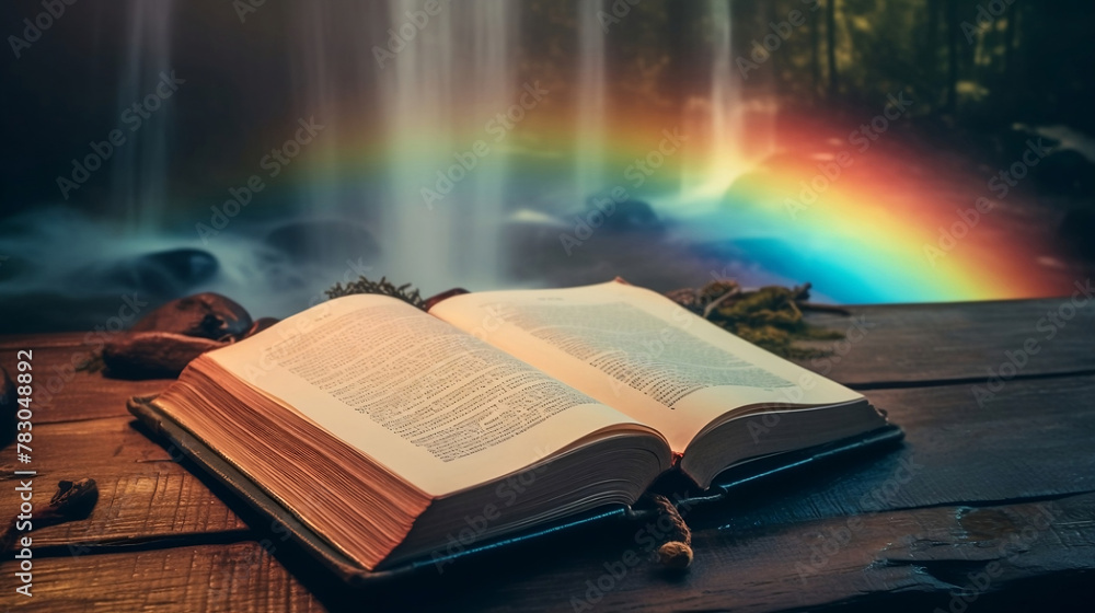 Open book with beautiful river background with rainbow and magical ...
