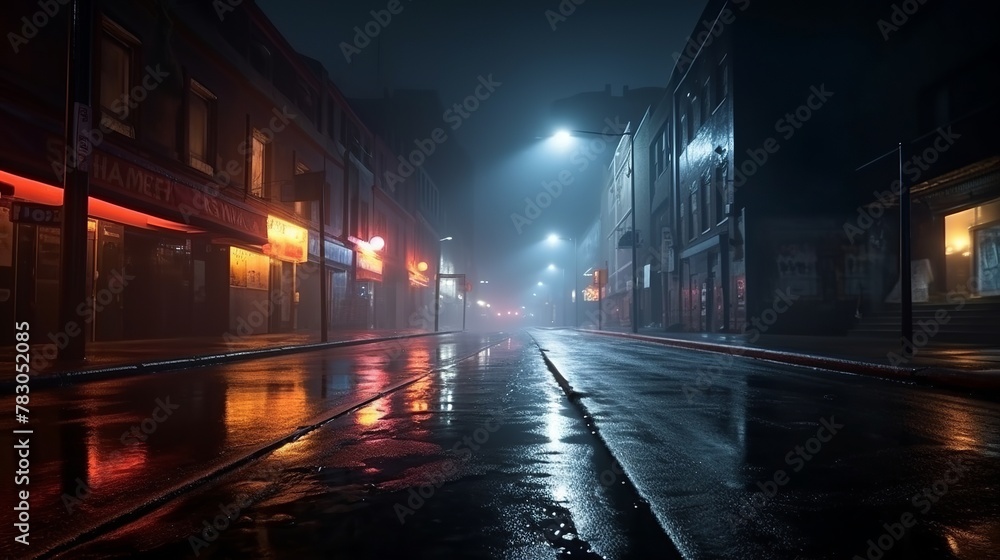 Night city street in a foggy day with wet pavement and cars Stock Photo ...
