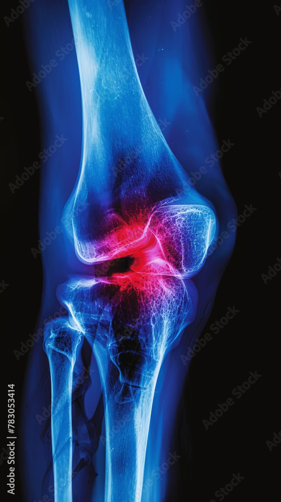 Blue x-ray photograph of knee pain, pain glows red. Trauma concept ...