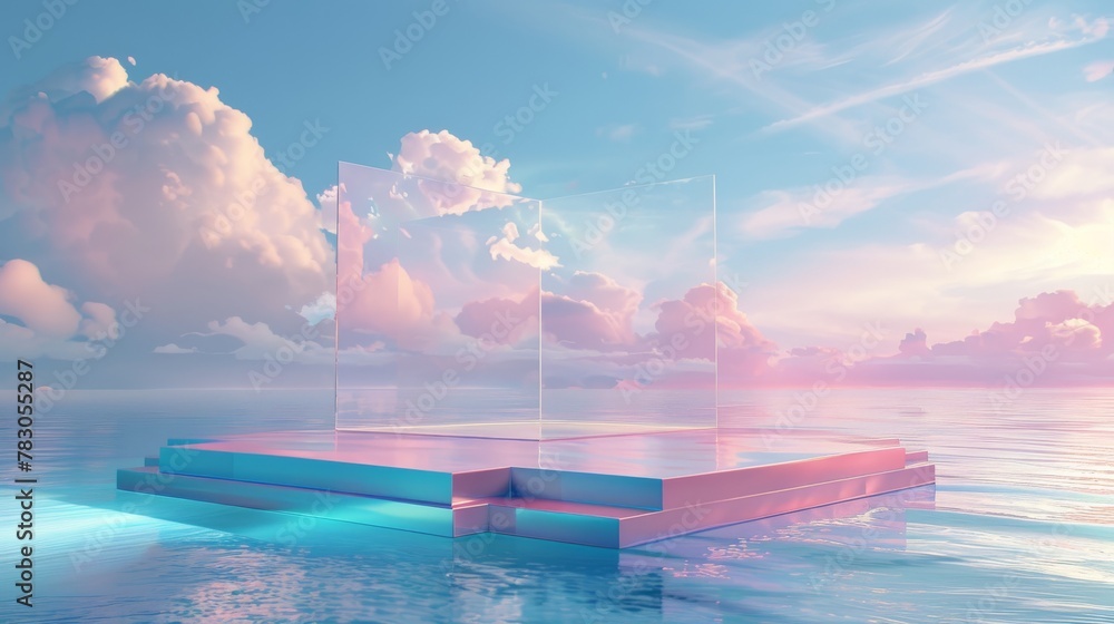 Summer beach scene design in 3D with product display stages. There is a ...