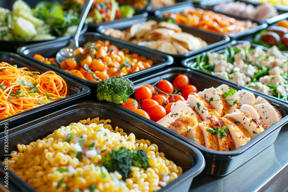 Full service station with assortment of foods in trays. Stock Photo ...
