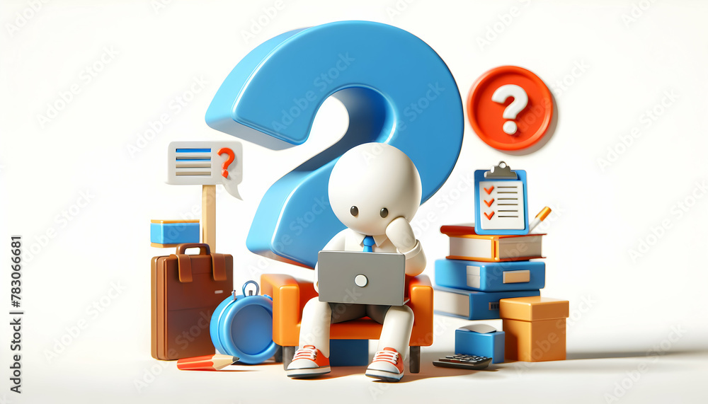 3d icon as A office Worker sitting with laptop confuse with question ...